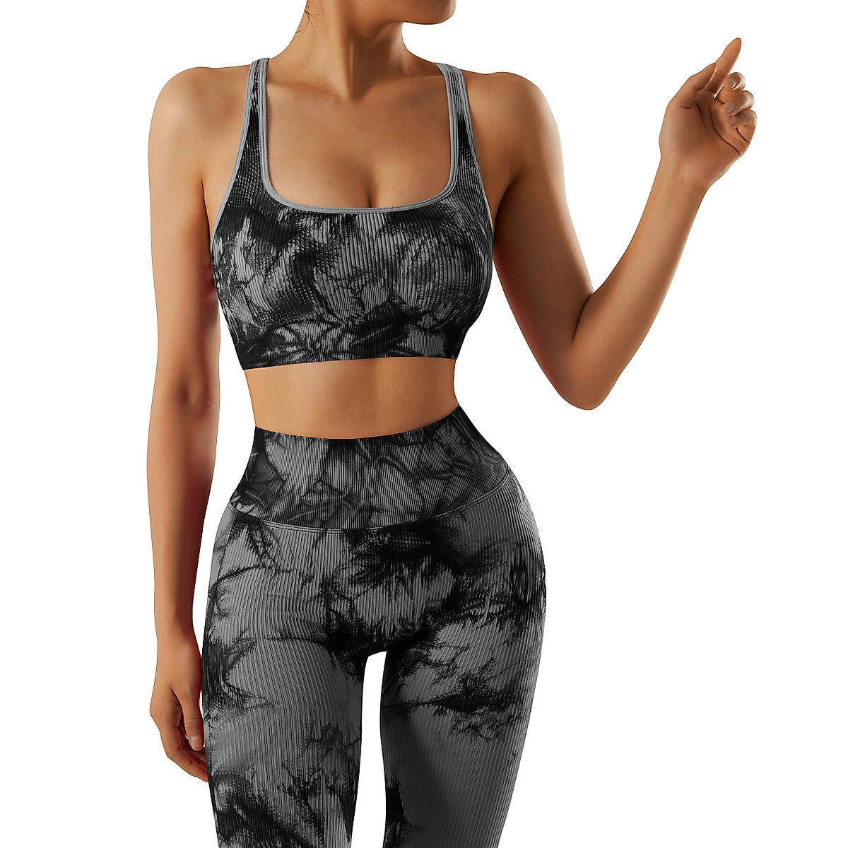 OMKAGI Women Ribbed Workout Sets Seamless Strappy Sport Bra Butt Lifting Leggings Outfits(S,04-Black Tie Dye)