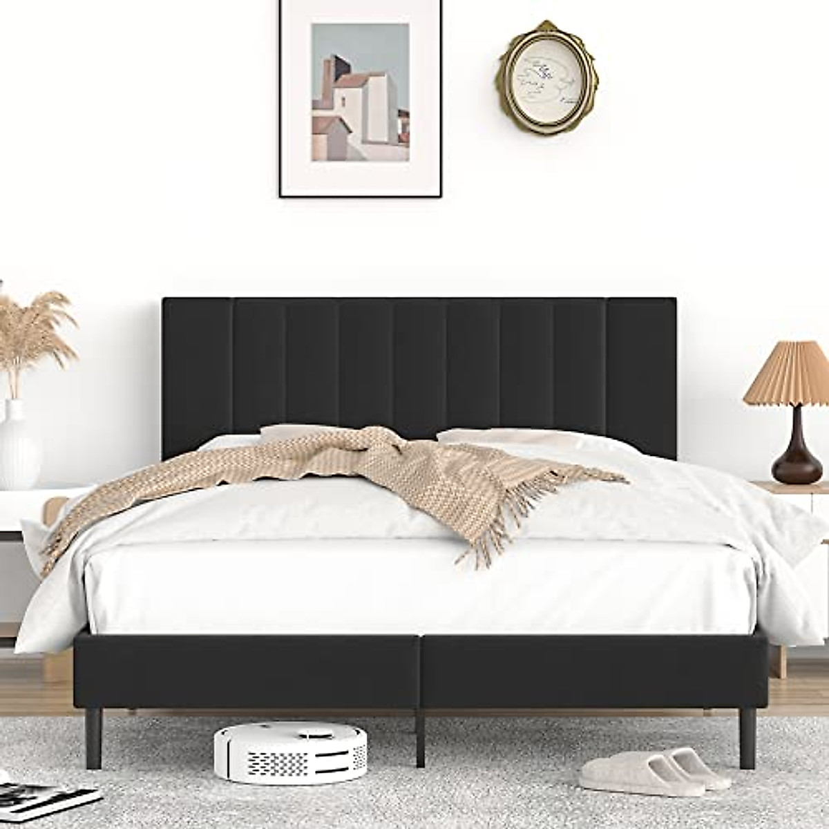 Flolinda Full Bed Frame with Velvet Upholstered Headboard, Wooden Sprung Slat Support Extend Mattress Life, Modern Platform Bed Frame No Box Spring Needed, Easy Assembly, Black