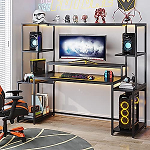 Tribesigns 70 -inch Rustic Computer Desk with Hutch and Shelf, Modern Large Gaming Desk with Monitor Stand, Gamer Table Workstation for Home Office,Carbon Fiber Desktop (Black)