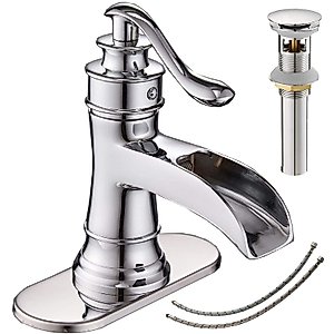 Waterfall Bathroom Faucet Chrome Bathroom Sink Faucets & Parts with Pop Up Drain Stopper with Overflow Single Handle Single Hole Vanity Commercial Trough Supply Lines Hose Lead-Free by Bathfinesse