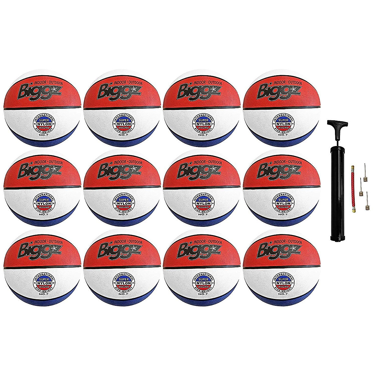 Jsport (Pack of 12) Official Size 7 Basketballs - Red/White/Blue Bulk Basketballs with Pump