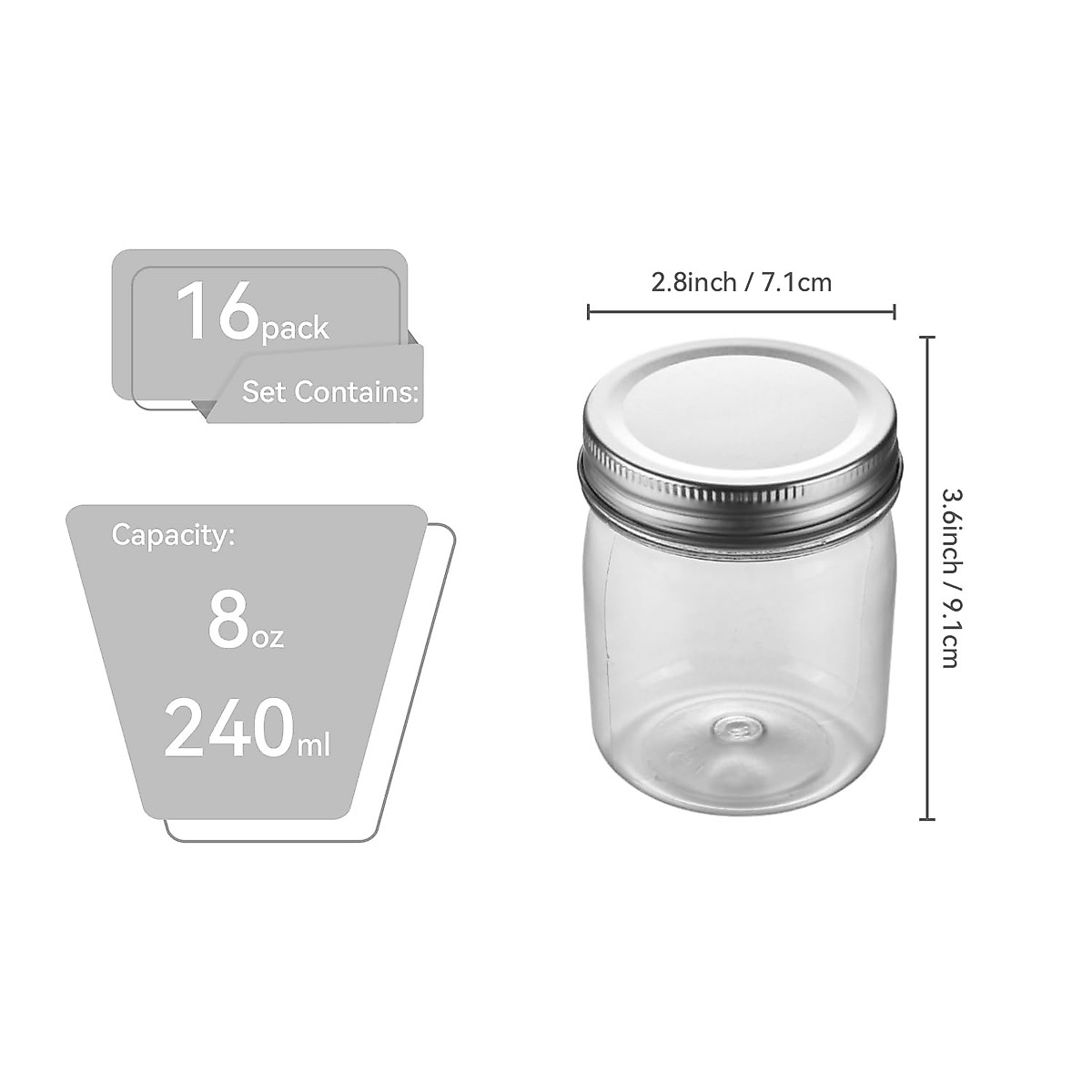 Party Club of America 16 Pack 8OZ Sliver Plastic Jars With Screw On Lids，Plastic Mason Jars Food Storage Container For Storing Dry Food, Candy, Cream,Peanut, Butter