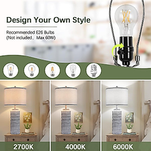 Set of 2 Ceramic Table Lamps, Modern 25.5”Tall Bedside Lamps with Grey Fabric Shade, Farmhouse Desk Lamps with Rotary Switch, Vintage Nightstand Lamps for Bedroom Living Room Home Office Study Hotel