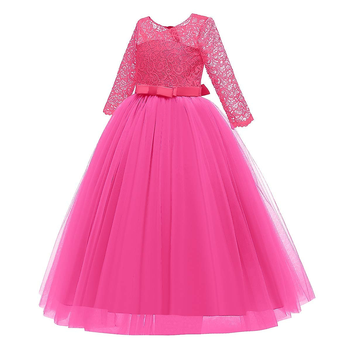 Spring Flower Girl Wedding Bridesmaid 3/4 Sleeves Kids Floral Lace Pageant Communion Princess Dress Prom Evening Dance Gown Hot Pink 7-8 Years