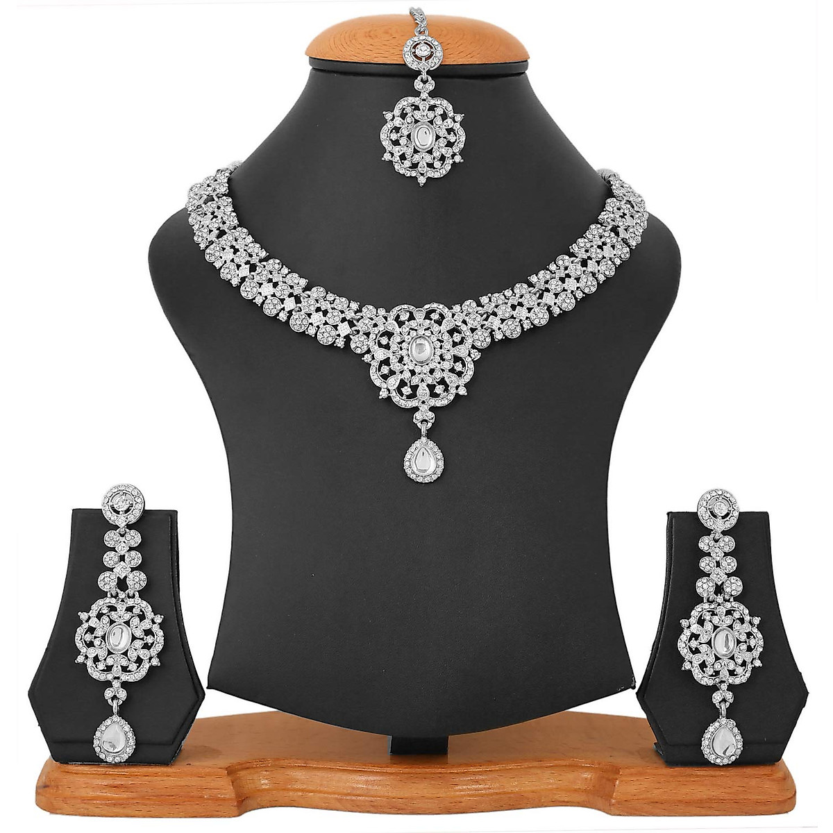 Touchstone Indian Bollywood enchanting floral diamond studded look white Rhinestone embellished bridal designer jewelry necklace set for women in white tone