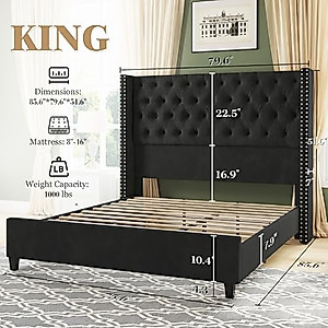 Jocisland King Upholstered Bed Frame with Tall Headboard Wingback Platform Bed Tufted Deep Button Velvet/No Box Spring Needed/Easy Assembly/Black