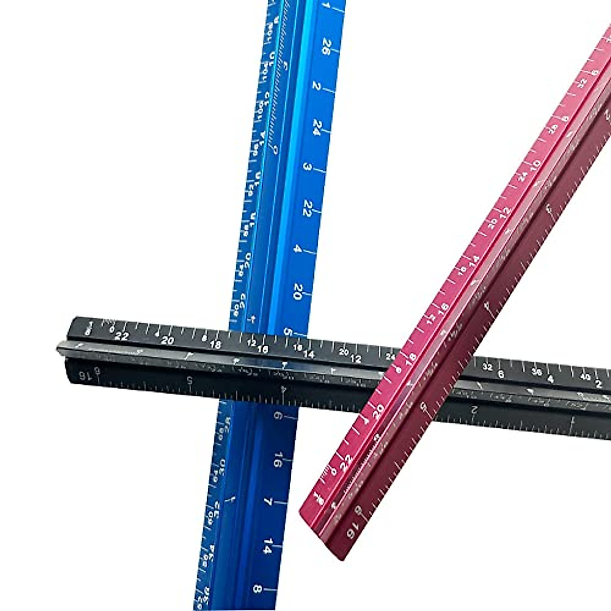 3 Pack Architectural Scale Ruler, YIFARUBE 12"/ 6" Aluminum Architect Triangular Ruler, Professional Measuring Kit for Architect, Civil Engineer & Draftsman (Black, Red & Blue)