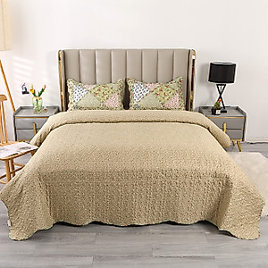 King Size Patchwork Quilt Set Green Floral Reversible Quilted Bedspread Coverlet Set 3-Piece Comforter Lightweight Stitched Quilt Bedding Set Bed Cover Blanket with 2 Pillow Shams for All Seasons