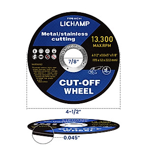 Lichamp 4-1/2 Cut Off Wheels for Metal, 6 Pack 4.5 inch Disc Cutting Wheel Cutoff Blade, 4.5"x0.045"x7/8", A006BK