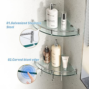 HouseMila Bathroom Shelf, 2 Tier Glass Bathroom Wall Shelf with Extra 3 Hangers Floating Glass Corner Shelves with Nail Shampoo Organizer