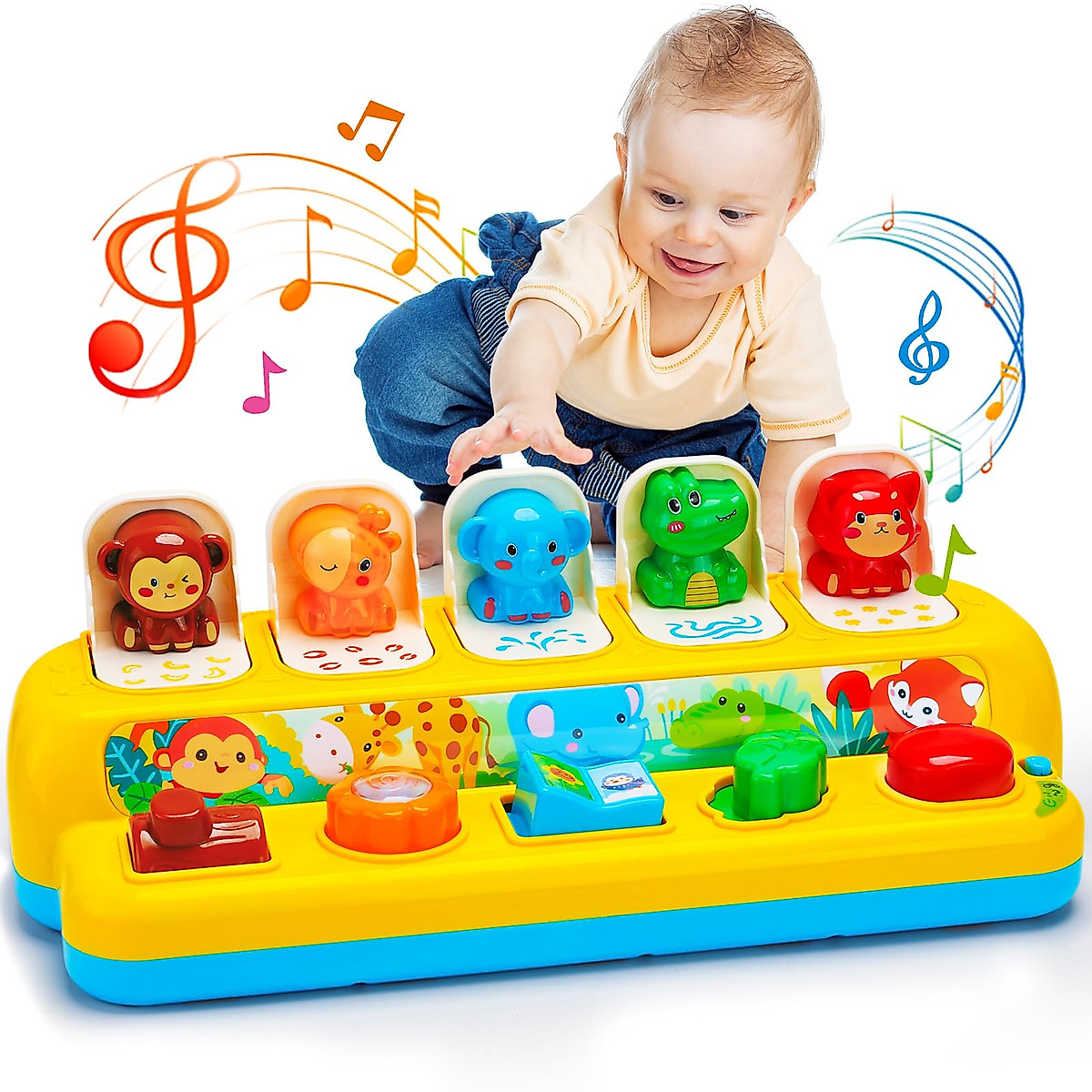Interactive Pop up Animal Toys with Music & Light, Montessori Cause and Effect Toys for 1 Year Old Boy Girl Early Learning Musical Baby Toys 9-12-18 Months STEM Toddler Toys Age 1-2 Gift for Infant