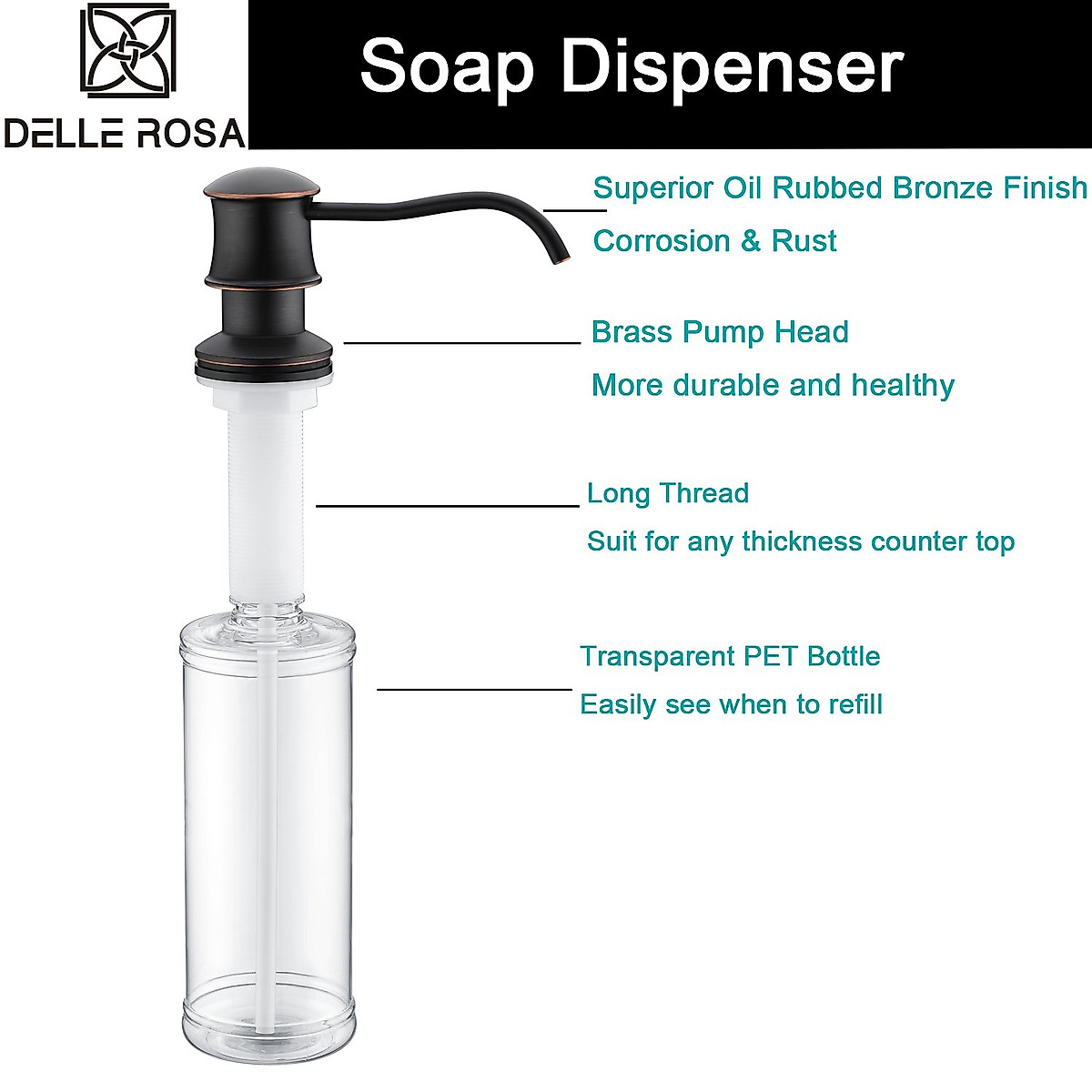 Delle Rosa Soap Dispenser, Liquid Soap Dispenser for Kitchen Sink, Brass Head Kitchen Sink Soap Dispenser Soap or Lotion Pump Dispenser Oil Rubbed Bronze, 11oz/320ml
