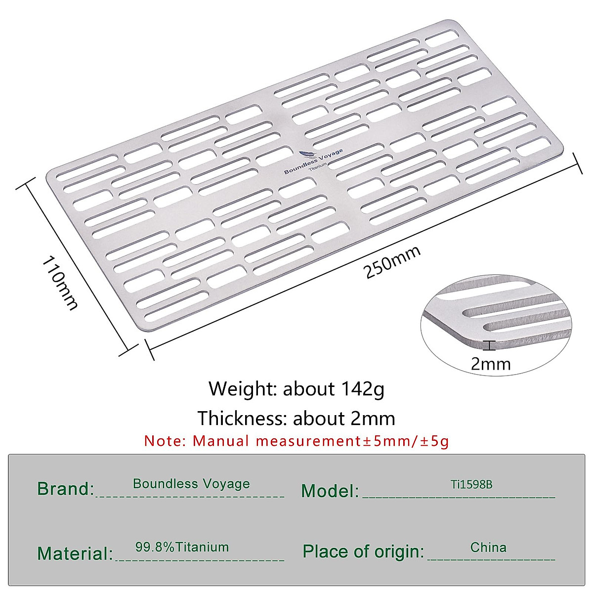 Outdoor Camping Hiking Titanium Charcoal BBQ Grill Plate Ultralight Baking Cooling Rack Heavy Duty Dining Cooking Roasting Kitchen Utensils Ti1598B