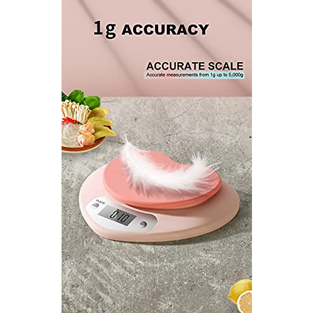 YRY Pink Kitchen Scale - Large LCD Display, Tare Function, 11 lbs(5kg) Capacity, 0.03 oz.(1g) Precise Graduation, ML and Oz Unit for Liquids and Solids - Ideal Food Scale for Baking & Cooking (5kg/1g)