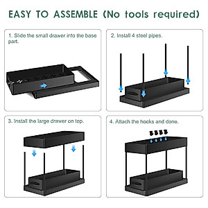 2 Pack Under Sink Organizers and Storage, 2-Tier Bathroom Organizer with Pull-Out Drawer & Hooks, Under the Sink Kitchen Cabinet Organizers Shelf for Countertop Laundry Organization and Storage-Black