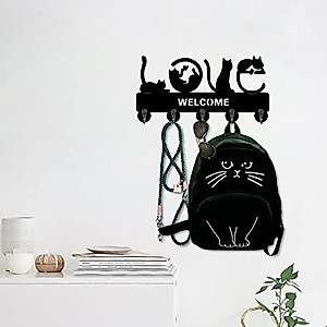 KingLive Cat Key Hooks for Wall, Handmade Key Hooks for Wall, Black Wooden Cat Key Holder with 5 Metal Key Rack Organizer for Wall Decorative, Gifts for Cat Lovers