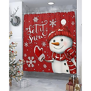 Waterproof Fabric Shower Curtain, Red Snowman Christmas Shower Curtain for Bathroom Curtains Bathtubs Hotel Washable Bath Shower Curtains with 12 Hooks Winter Snowflake Xmas Let-It-Snow 54x78in