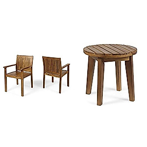 Christopher Knight Home Teague Outdoor Acacia Wood Dining Chairs (Set of 2), Teak Finish & Parker Outdoor 16" Acacia Wood Side Table, Teak Finish