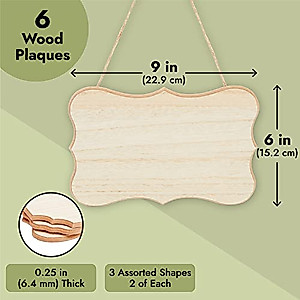 6-Pack of Unfinished MDF Hanging Wood Plaques for Crafts with Jute Rope, Blank 9x6-Inch, 1/4-Inch Thick Wooden Sign for DIY Painting, Art Projects, Home Decor, 3 Designs