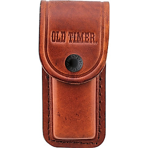 Old Timer LS2 Large Size Brown Leather Belt Sheath with Button Clasp, Hard Exterior, and Convenient Size with Traditional Folding Pocket Knives or Multitools for EDC, Camping, Hunting, and Outdoors