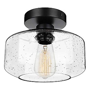 Industrial Semi-Flush Mount Ceiling Light, Seeded Glass Pendant Lamp Shade, Black Farmhouse Lighting for Hallway Porch Corridor Kitchen Bedroom, Modern Indoor Hanging Light Fixtures, Bulb Not Included
