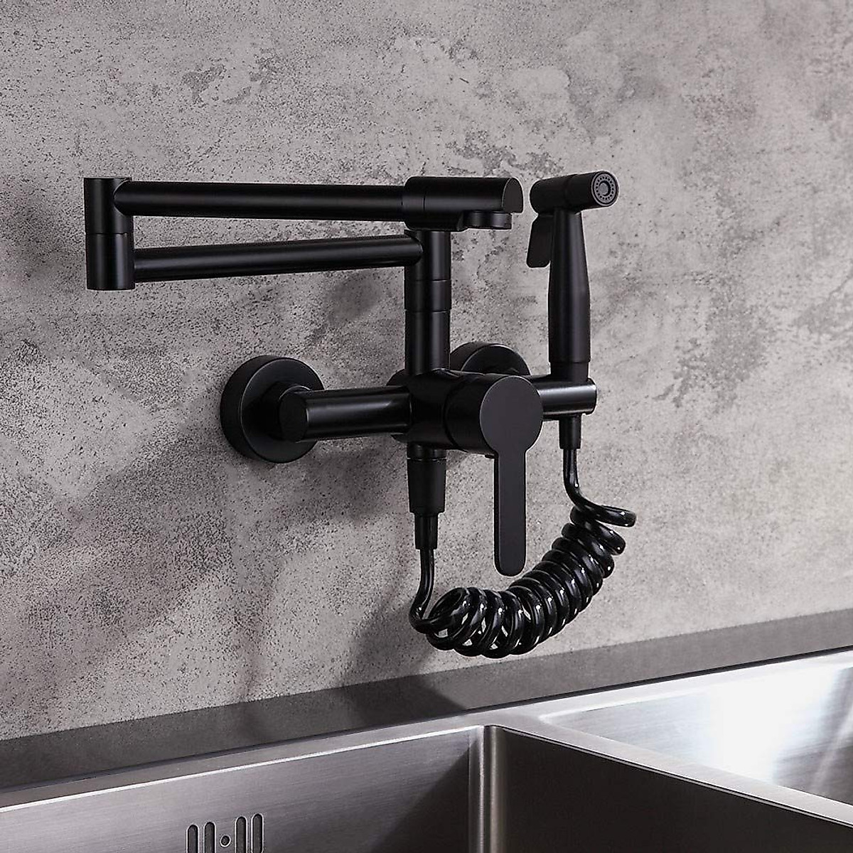 BULUXE Black Pot Filler Kitchen Sink Faucet with Sprayer, Modern Single Handle Retractable Wall-Mount Pot Filler Faucet with Swing arm in Matte Black Solid Brass