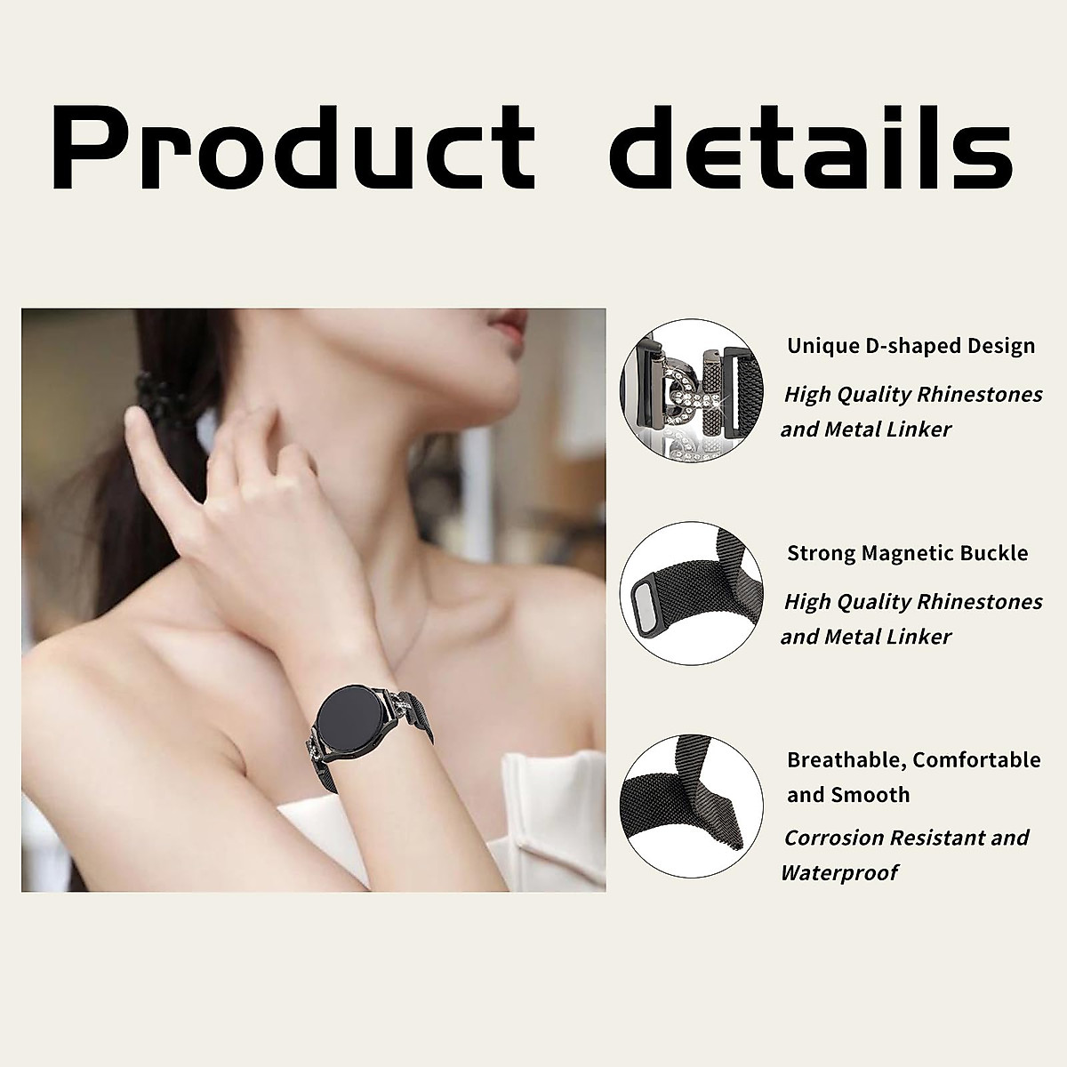 HAYONLIY Magnetic Bands Compatible for Samsung Galaxy Watch 7/FE/6/5/4 40mm 44mm, 5 Pro, Watch 4/6 Classic 42mm 46mm 43mm 47mm, 20mm Mesh Stainless Steel Bling Strap, Dressy Wristband for Women