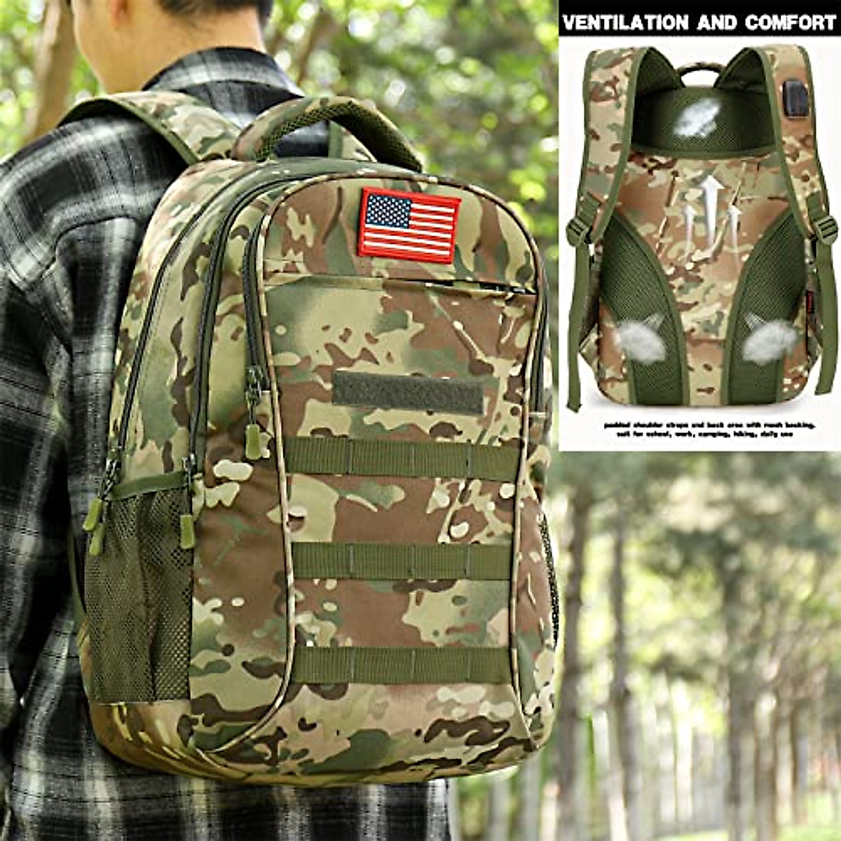 Camo Backpack for Men,Army Military Boys Backpack for School with Pen Bag,40l Waterproof Day Pack for Outdoor Travel Camping