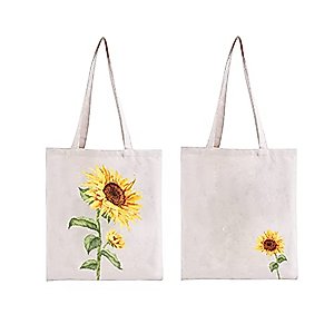 Kazova Boho Sunflower Cotton Canvas Bag Tote Bag Handbag Floral Shopping Bag Women Casual Shoulder Bags Watercolor Sunflower Reusable Grocery Bags Beach Lunch Travel Cotton Bag