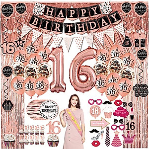 Sweet 16 Birthday Decorations Girls - (76pack) Rose Gold Party Banner, Pennant, Hanging Swirl, Birthday Balloons, Foil Backdrops, Cupcake Topper, Plates, Photo Props, Sash, Happy 16th Birthday Gifts