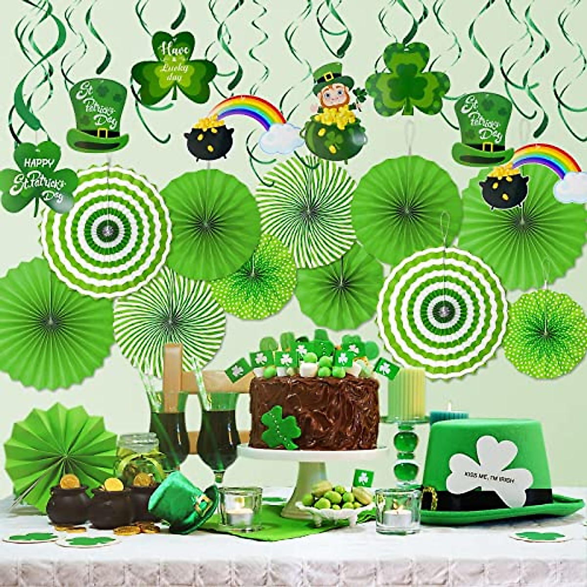 TURNMEON 42 Pack St. Patrick's Day Party Decorations Green Paper Fans Hanging Ceiling Foil Swirls Lucky Shamrocks Clover Leprechaun Cutout St.Patrick's Day Decorations Indoor Home Irish Party Supplies