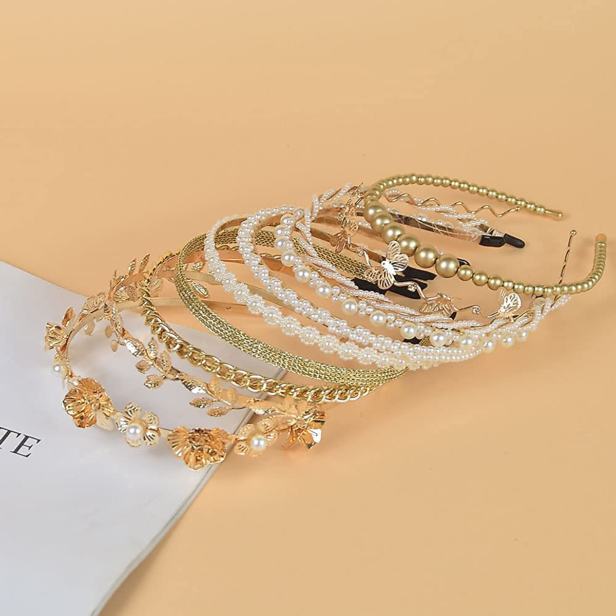 10 PCS Pearls Headband, Rhinestones, Gold Metal Headbands, White Hairbands Leaf Decor Metallic Butterfly Flower Chained Bridal Hair Hoop, Wedding Hair Accessories for Women Girls ¡­