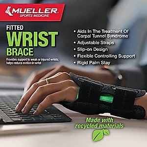 Mueller Sports Medicine Green Fitted Wrist Brace for Men and Women, Support and Compression for Carpal Tunnel Syndrome, Tendinitis, and Arthritis, Right Hand, Black, Small/Medium