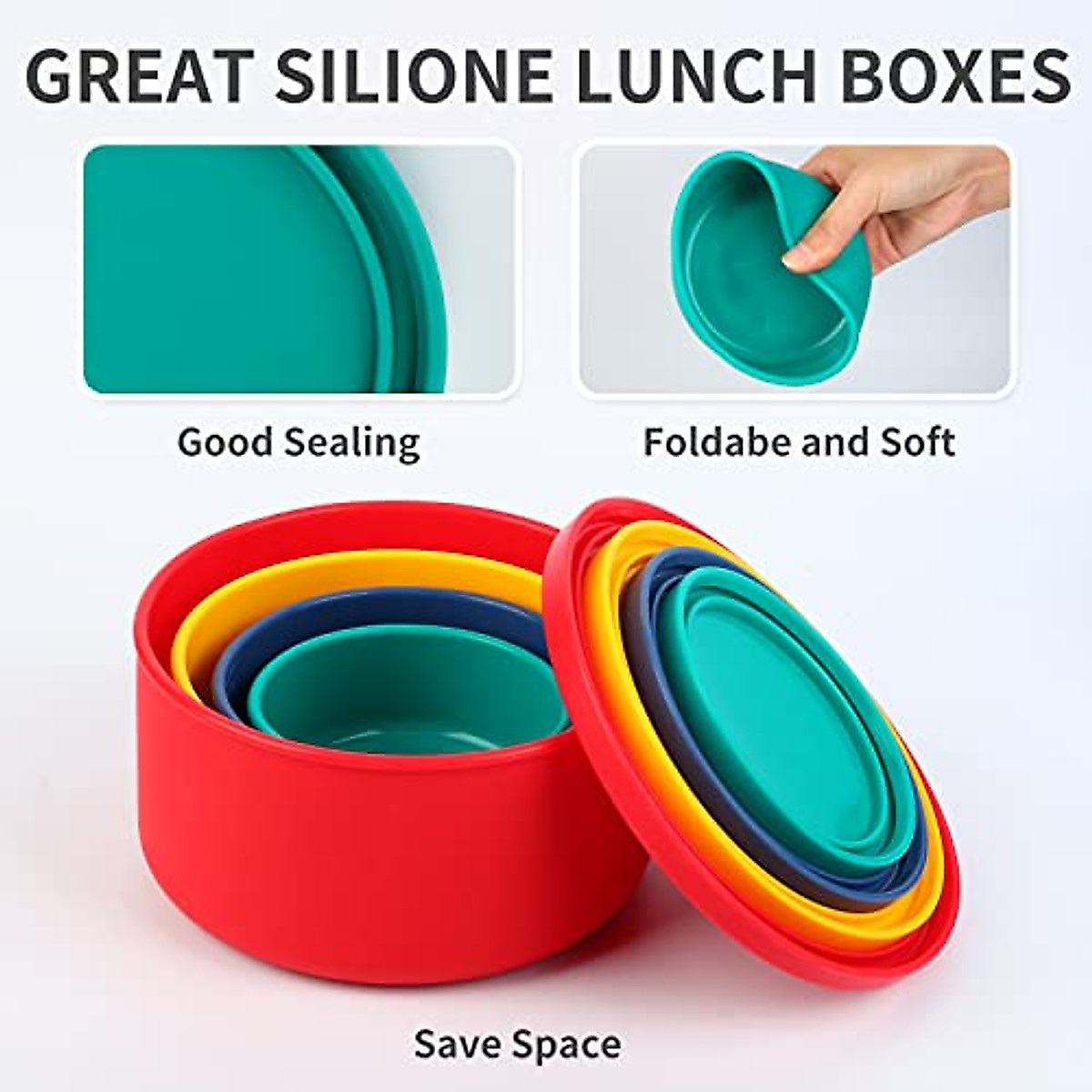 Elkniwts Silicone Food Storage Container Lunch Box,4 Pcs Nestable Silicone Food Holders, Reusable Food Storage Box, Mixed Colors,for Microwave and Dishwasher