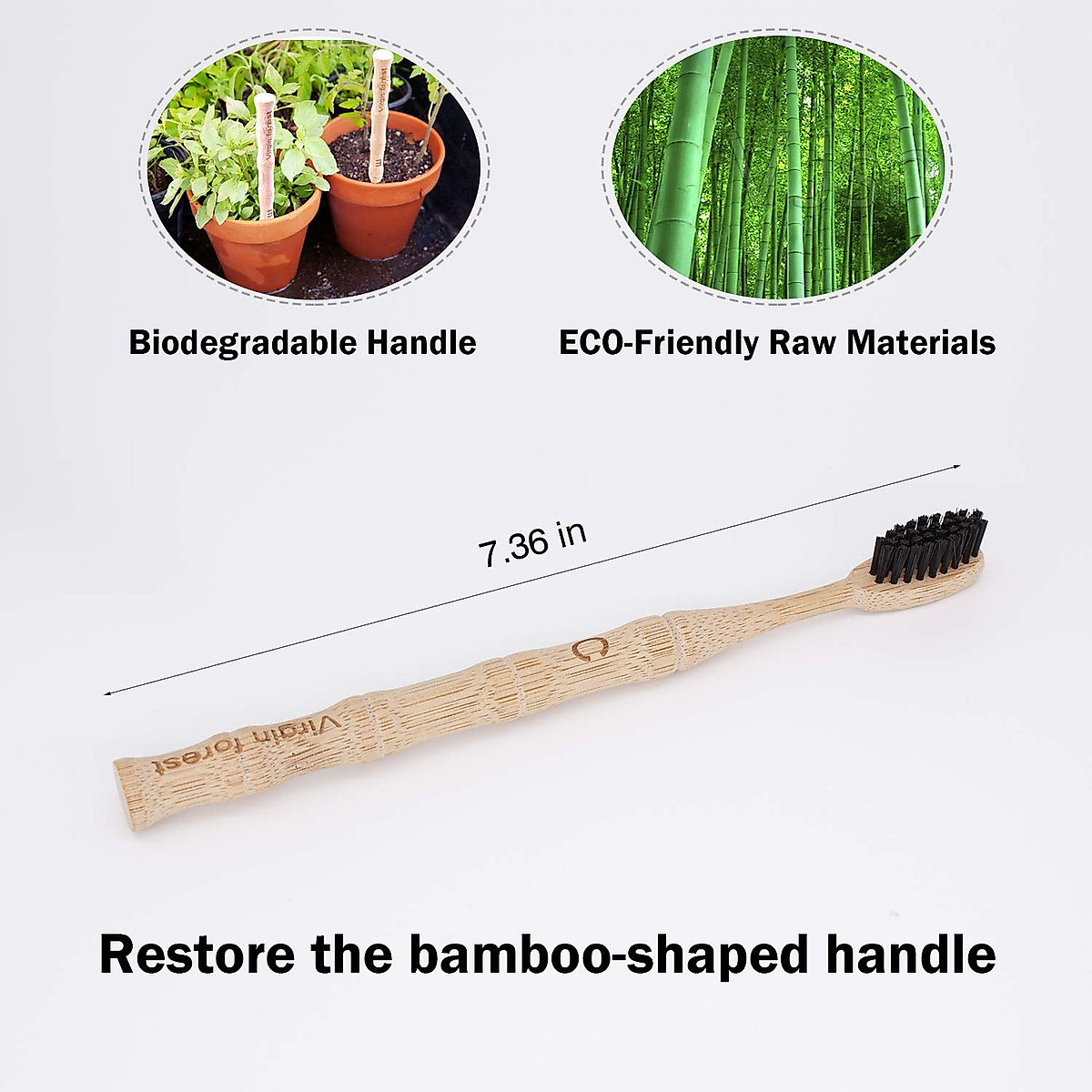 Virgin Forest Bamboo Toothbrush, Vegan Natural ECO Friendly Wood Toothbrushes, Biodegradable Organic Charcoal Tooth Brush, Pack of 6