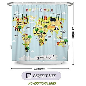 Animal World Map Children's Shower Curtain Fun Cartoon Educational Tools Plants Marine Waterproof Fabric Bathroom 72 X 72 Inches with Hooks…