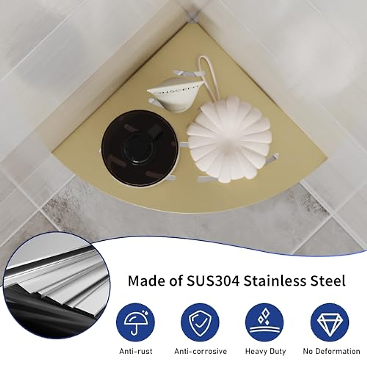 LFBA 2 Pack Corner Shower Shelves 304 Stainless Steel Brushed Gold Corner Shelves for Shower 8" Shower Shelves for Inside Shower Corner Drilling Installation