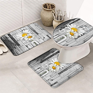 Bathroom Rugs and Mats Set 3 Pcs, Farm White Daisy Flowers in Glass Vase Anti Slip Soft Mats Water Absorbent Bath Rug, Lid Cover, U-Shaped Contour Rug, Retro Grey Wooden Board
