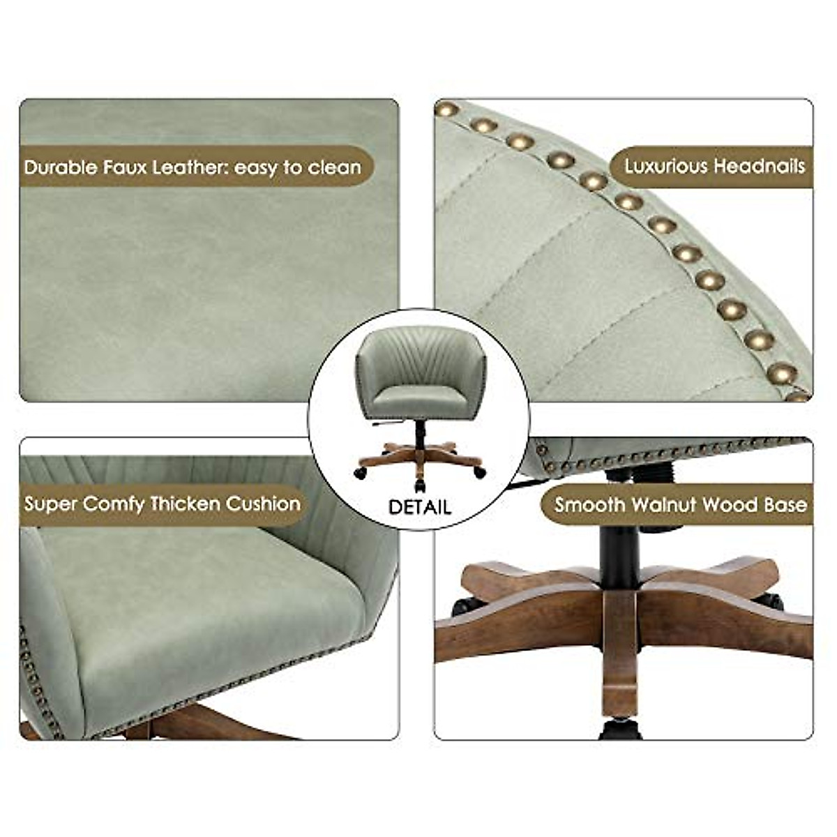 Guyou Barrel Home Office Desk Chair with Wood Base, Upholstered Ergonomic Accent Arm Chair with Luxurious Nailheads and Pleated Mid-Back for Home Studio Bedroom Vanity, Green in Faux Leather