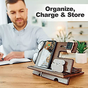 TESLYAR Gifts for Men Wood Phone Docking Station Ash Fathers FdaWatch Organizer Men Husband Wife Anniversary Dad Birthday Father Graduation Gadgets Compatible with iPhone iWatch AirPods