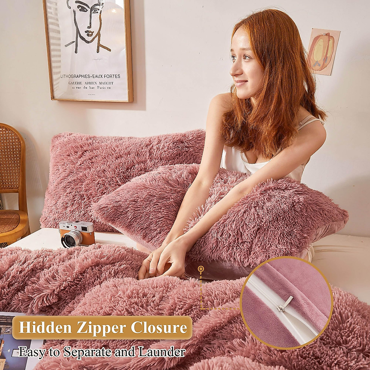 XeGe Faux Fur Throw Pillow Cases, Plush Shaggy Ultra Soft Pillow Covers, Fluffy Crystal Velvet Decorative Pillowcases, Furry Fuzzy Pillow Shams Zipper Closure, Set of 2(Standard, Old Pink)