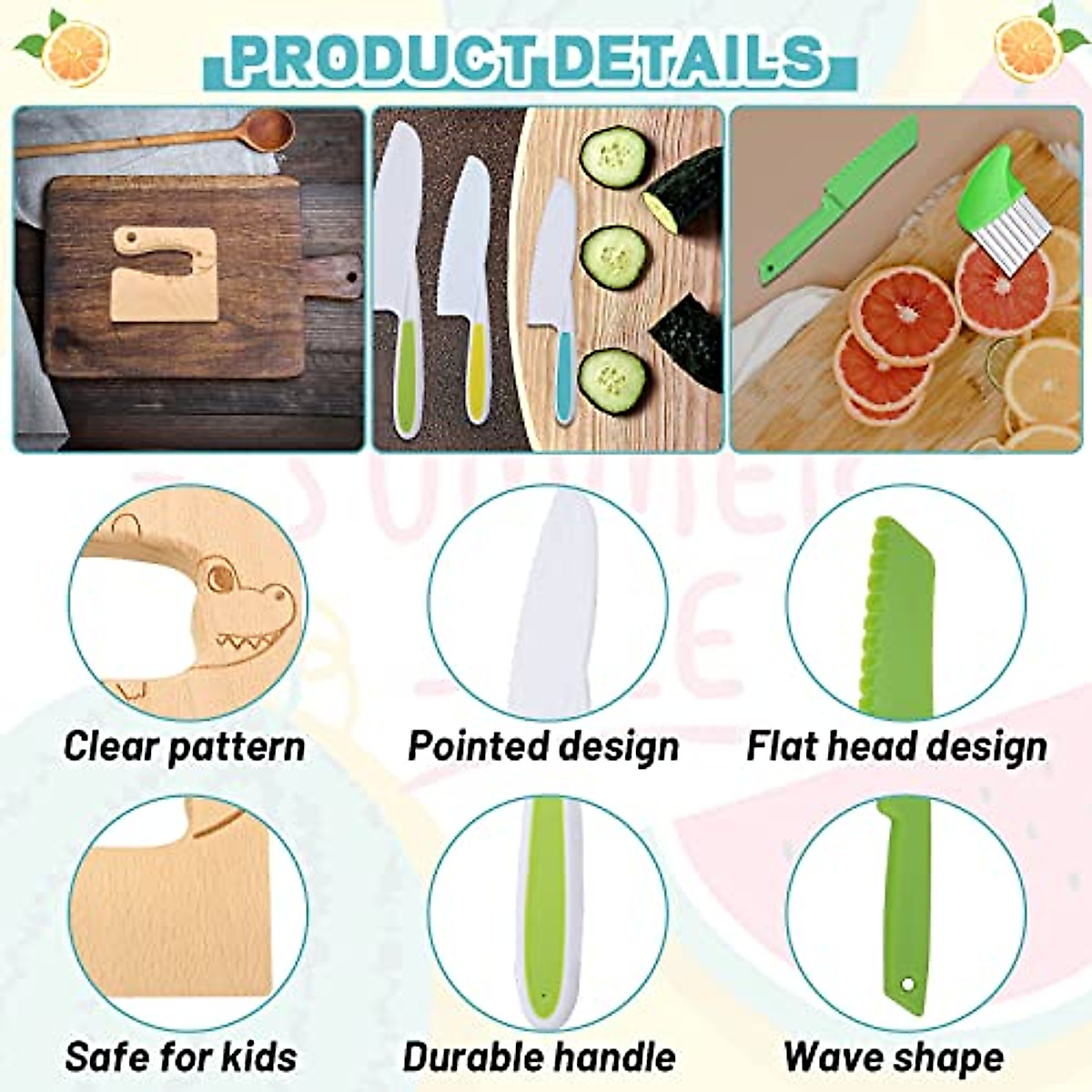 10 Pieces Wooden Kids Kitchen Knife Set, Include Wood Kids Knife Plastic Potato Slicers Cooking Knives Children's Safe Knifes Cake Scraper Kids Cute Rectangle Cutting Board