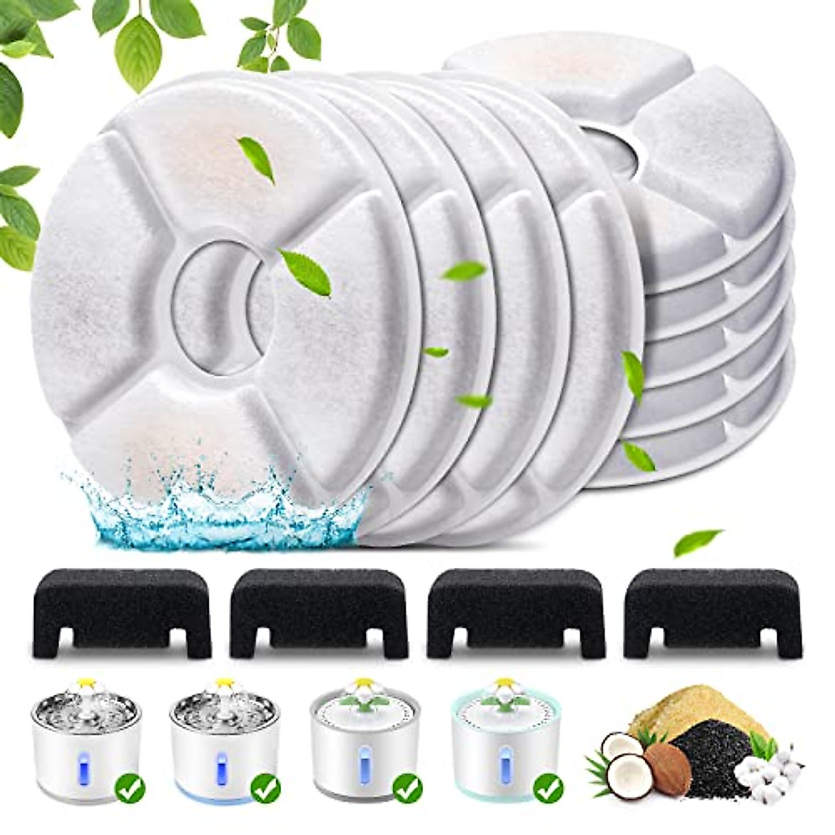 Cat Fountain Replacement Filter, 8-Pack Cat Water Fountain Filter & 4-Pack Pre-Filter Sponges for 81oz/2.4L Pet Fountain, Triple Filtration System Activated Carbon Filter for Cat Dog Water Dispensers