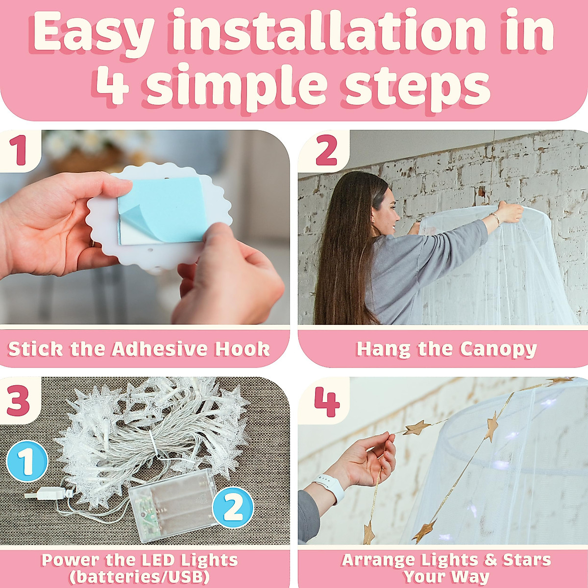 Bed Canopy with Lights, White Canopy Bed, Bed Canopy for Girls Room, Princess Bed Canopy | Single, Twin, Full, Queen | Bed Canopy for Girls, Kids Bed, Hanging Canopy, Fairy Lights Led Canopy