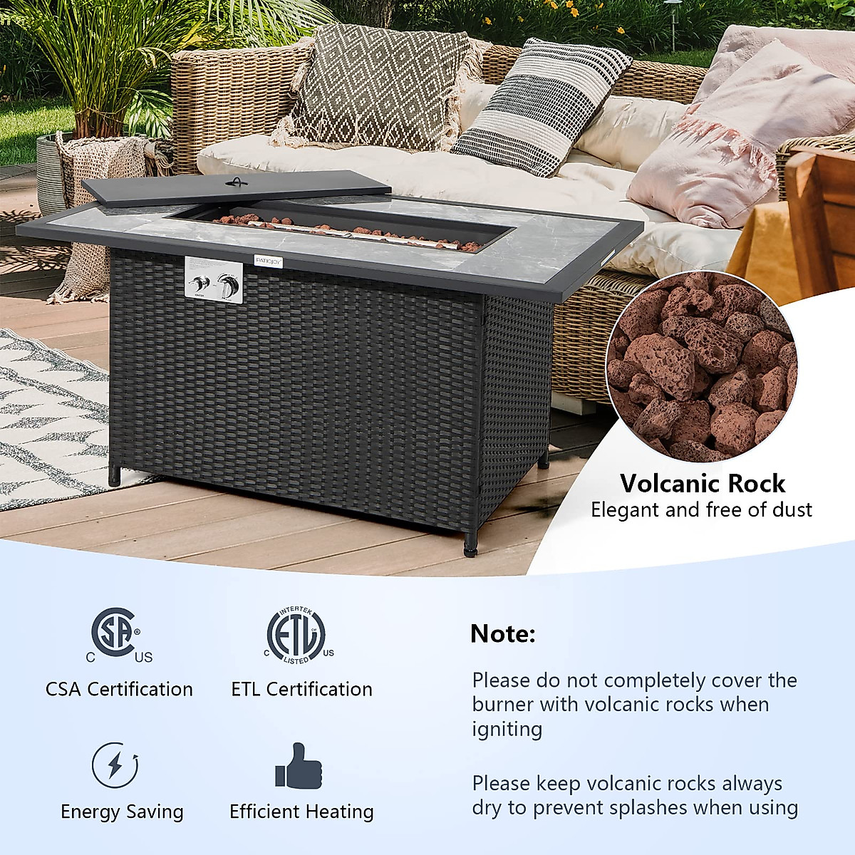 Tangkula 52 Inches Wicker Patio Propane Fire Pit Table, Patiojoy 50,000 BTU Outdoor Gas Fire Table with Auto-Ignition, Hideaway Tank Holder, Marble Tabletop, Lava Rocks, Protective Cover and Lid