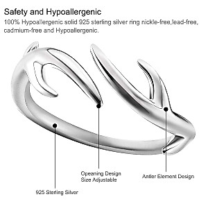 JEWME S925 Sterling Silver Deer Reindeer Antler Ring Adjustable Women Gift Lover Jewelry(7-8)