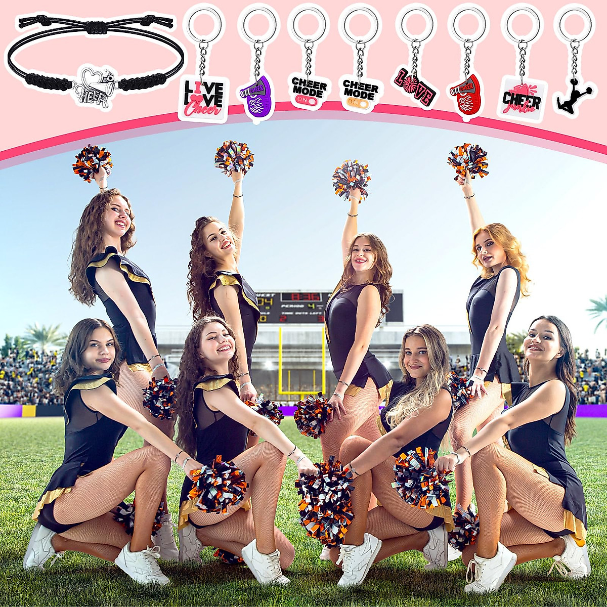 Sureio 48 Pcs Cheerleader Gifts Kit Cheer Stuff Bulk for Team, 24 Pcs Keychain and 24 Pcs Cheer Charms Bracelets Cheerleading Accessories Party Favors for Women Girls Teammates