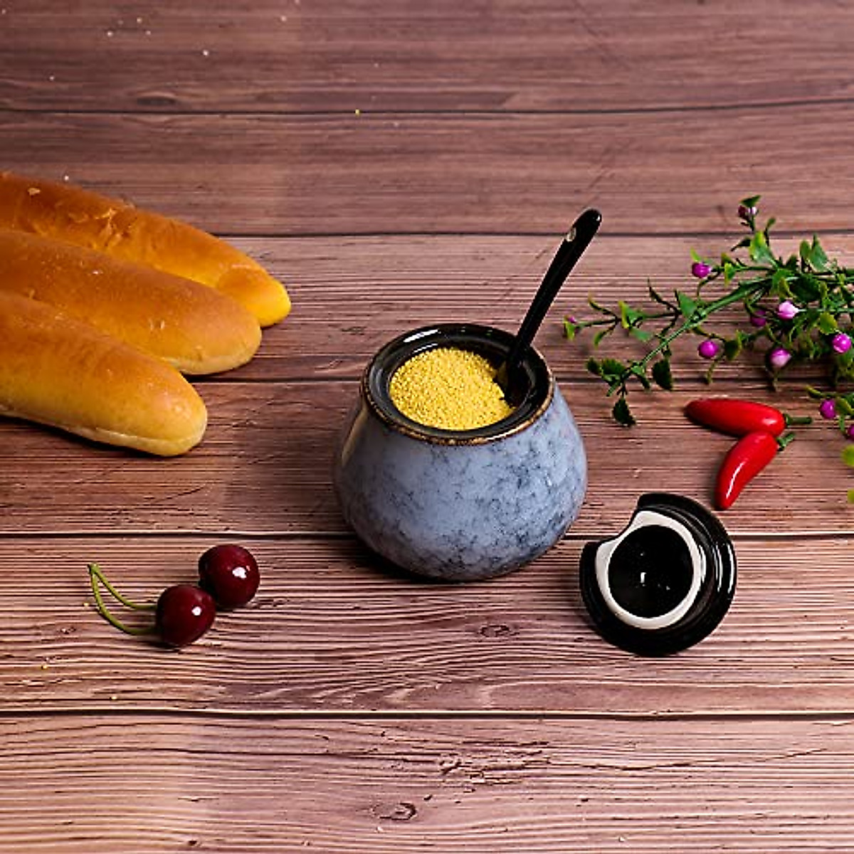 Antique Ceramic Sugar Bowl Salt Bowl with Lid and Spoon 8oz Seasoning (Grey Blue) Seasoning Can