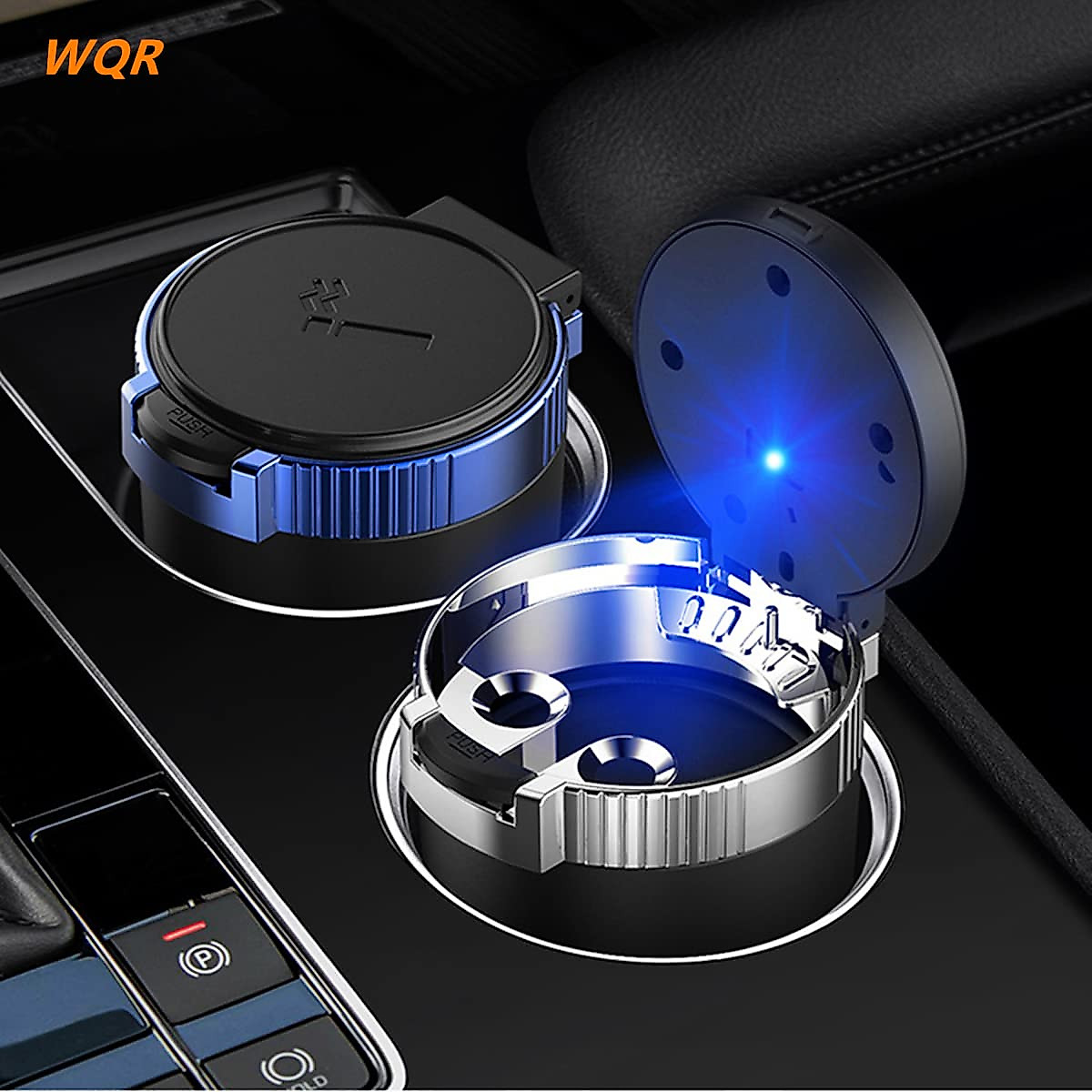 WQR Car Ashtray with Lid Portable Ash Tray Blue Mini Car Trash Can with LED Blue Light Windproof for Outdoor Travel (Blue)