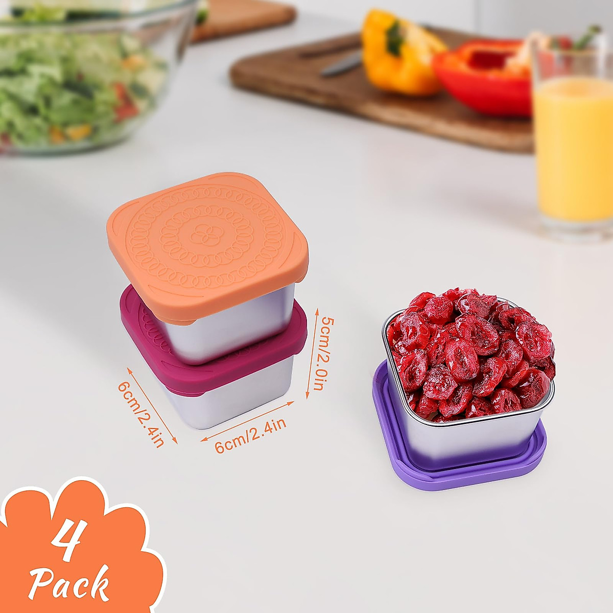 ZHAO Stainless Steel Snack Containers with Silicone Lids Small Metal Food Storage Containers Lunch Snack Condiment Sauce Storage Set for Travel, Picnic, Office (4)